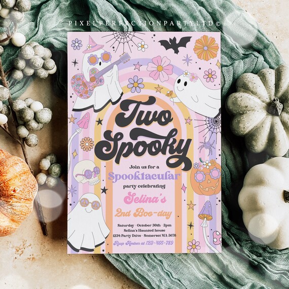 Editable Two Spooky Halloween Ghost 2nd Birthday Invitation Retro ...