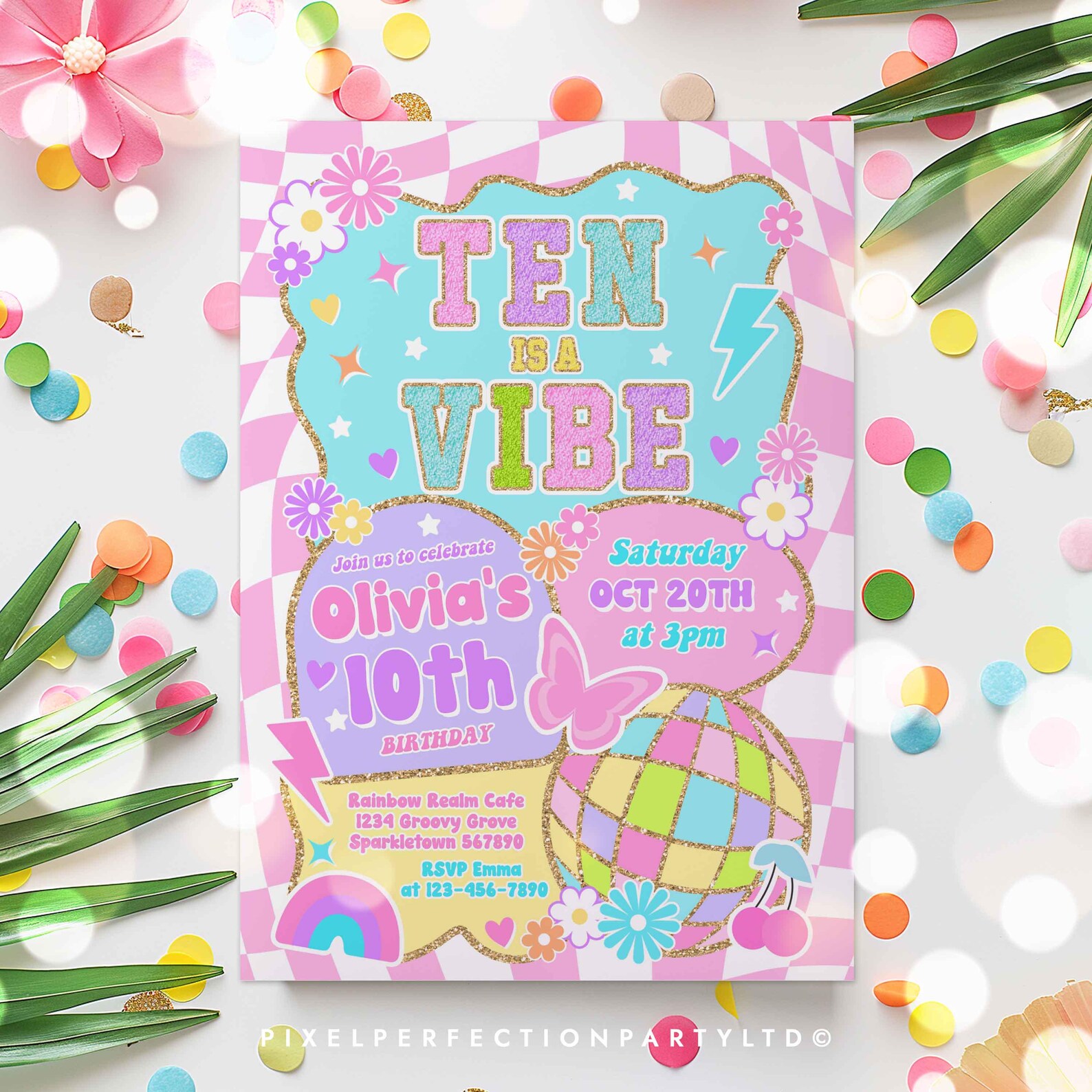 Editable Ten is A Vibe Preppy 10th Birthday Party Invitation Groovy ...
