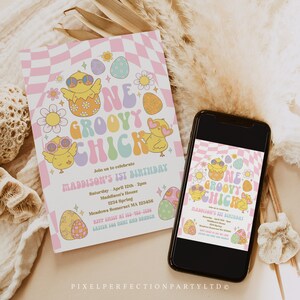 Editable One Groovy Chick 1st Birthday Party Invitation Spring Chicken ...