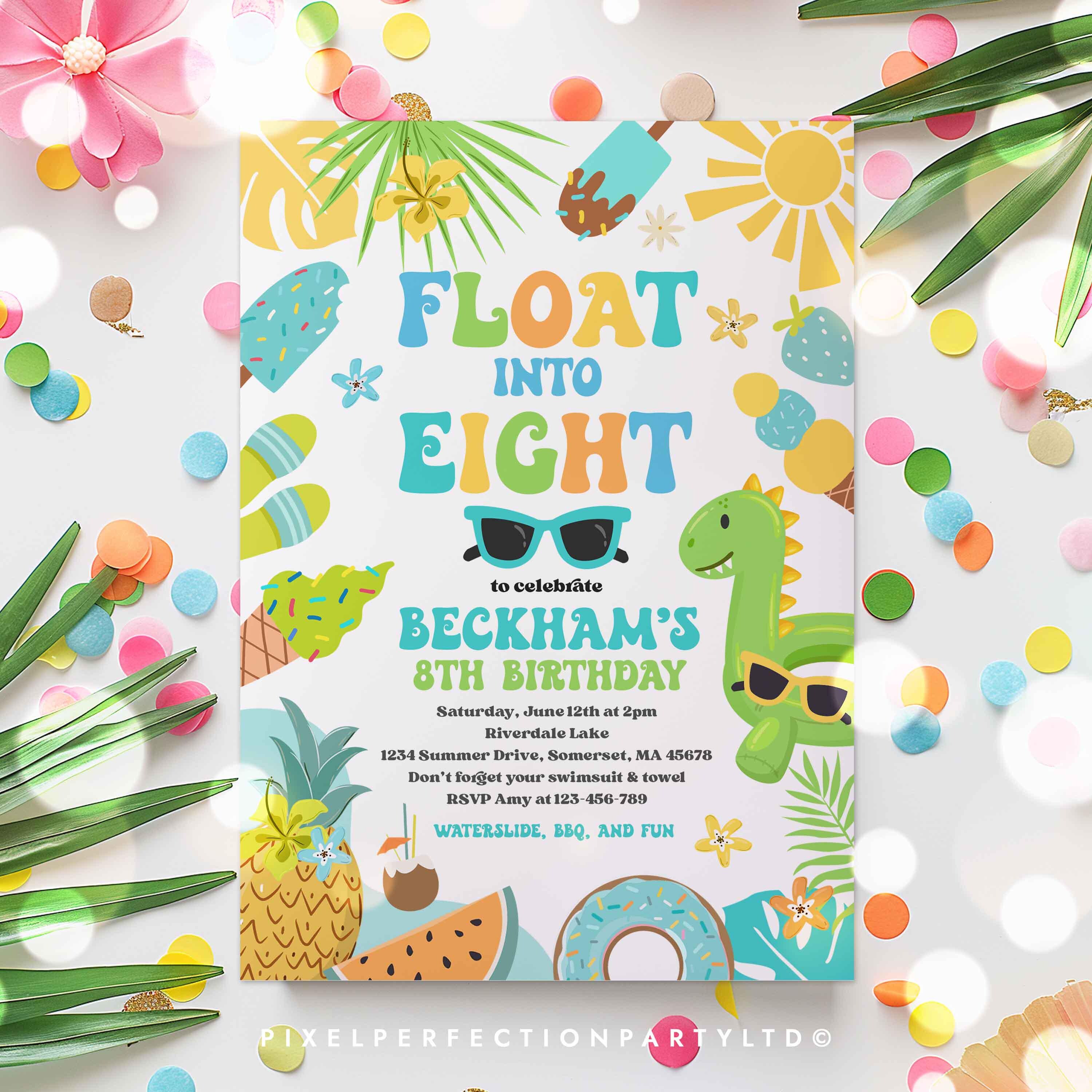 Editable Float Into Eight 8th Birthday Pool Party Invitation Tropical ...