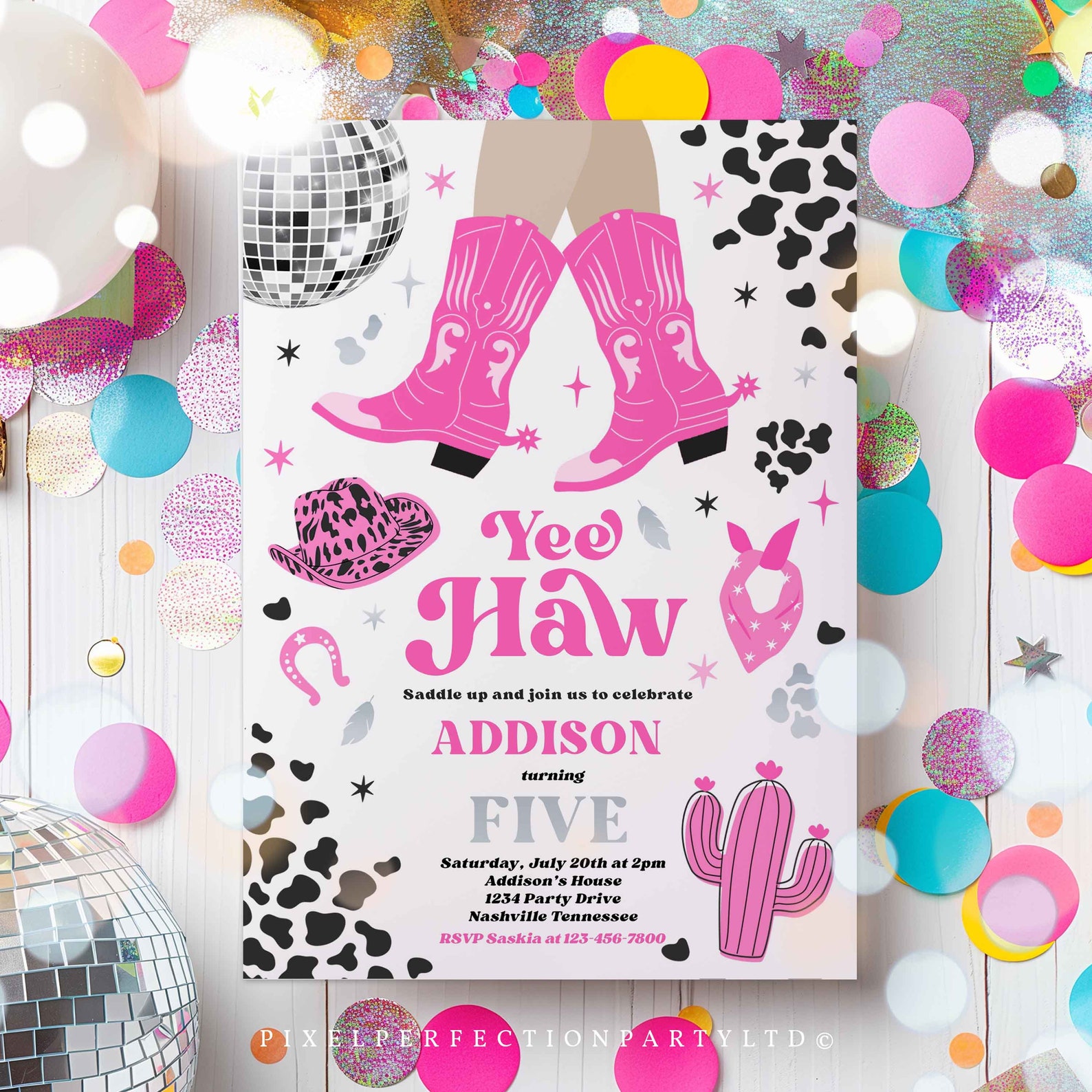 Editable Space Cowgirl Birthday Party Invitation Pink Disco Cowgirl ...