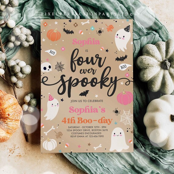 Editable Four Ever Spooky Halloween Ghost 4th Birthday Party Invitation ...