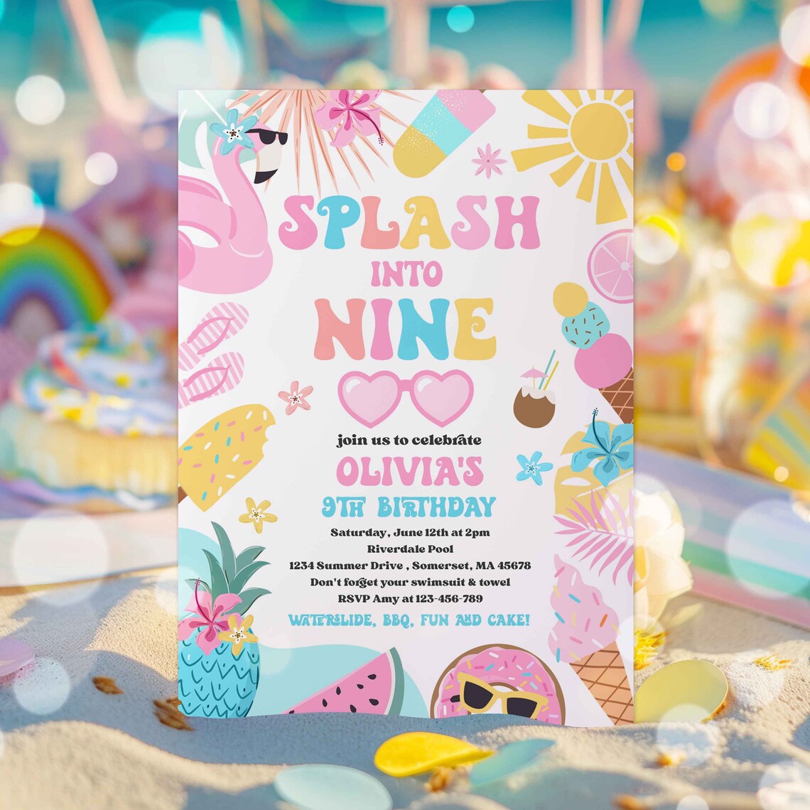 Editable Splash Into Nine 9th Birthday Pool Party Invitation Tropical ...