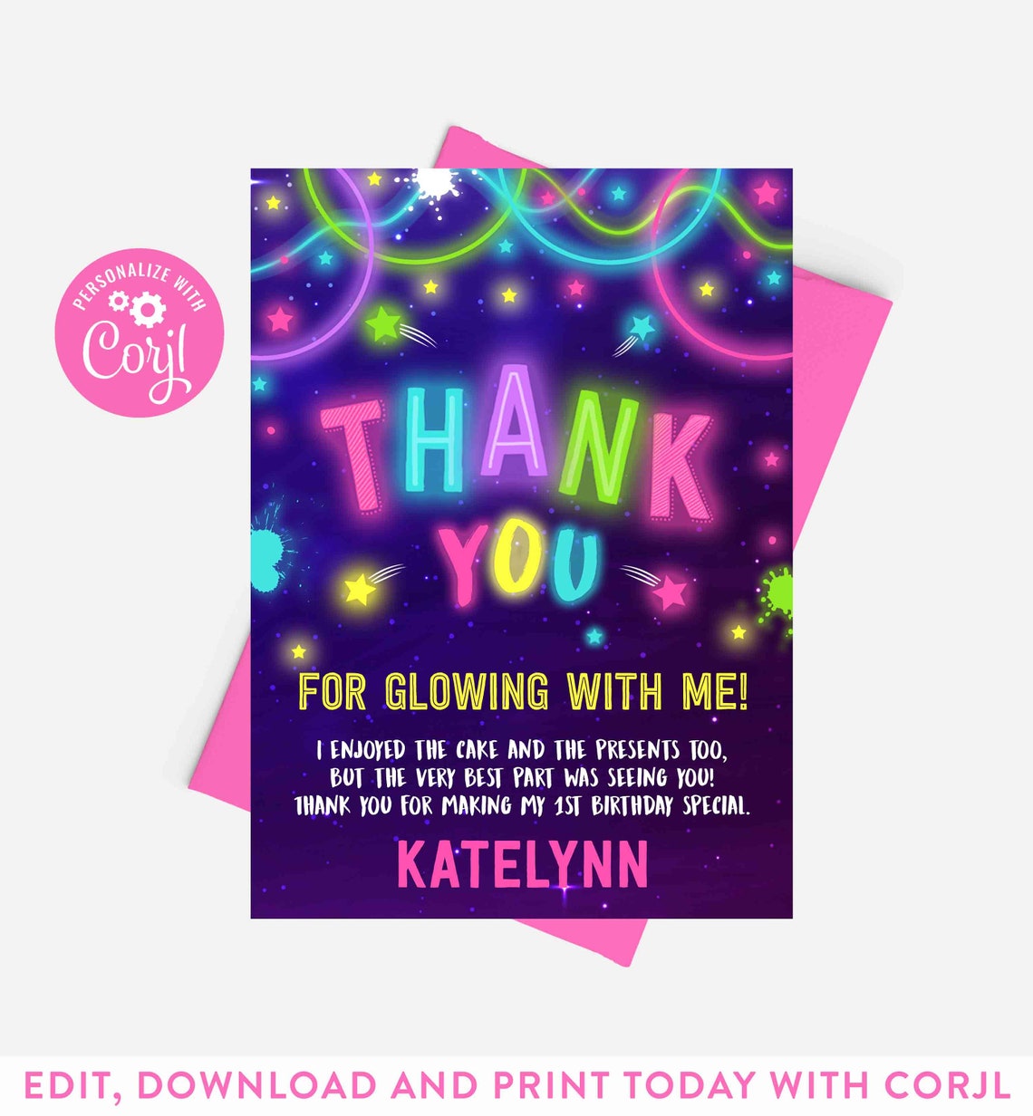 Editable Glow Birthday Thank You Card Neon Glow Thank You Card | Etsy UK