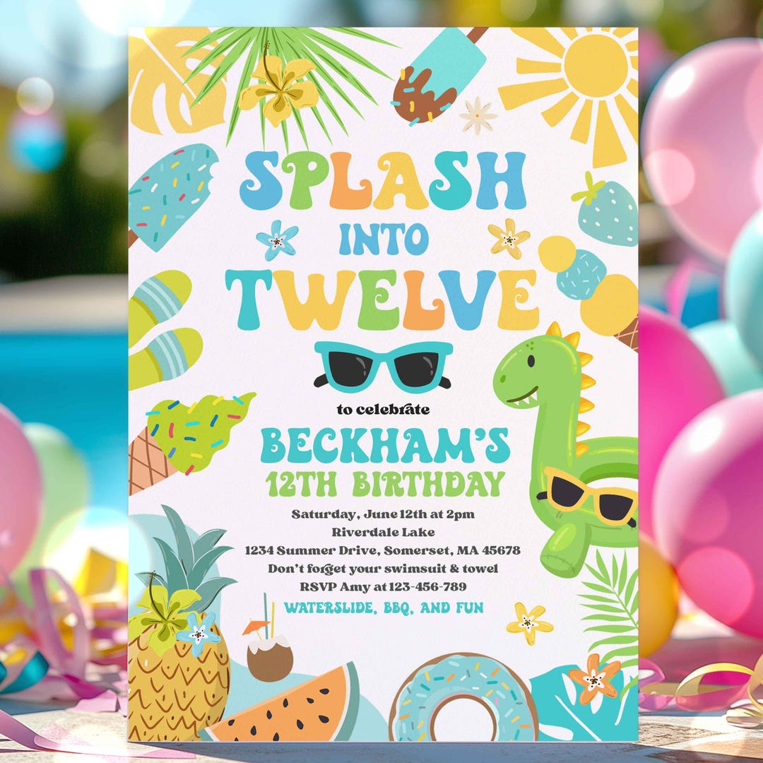 Editable Splash Into Twelve 12th Birthday Pool Party Invitation ...