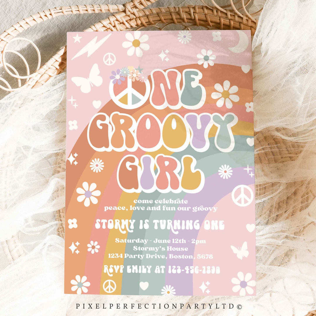 Editable One Groovy Girl Birthday Party Invitation Orange Pink Yellow ...