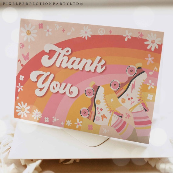 Editable Roller Skating Birthday Party Folded Thank You Card Groovy ...