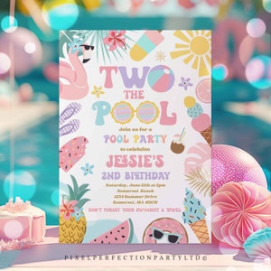 Editable Two the Pool 2nd Birthday Pool Party Invitation Tropical ...