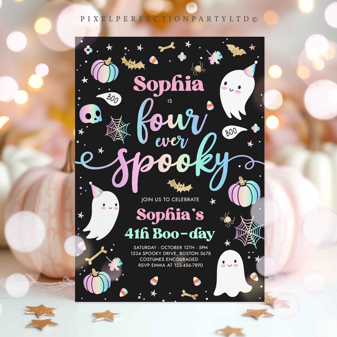 Editable Four Ever Spooky Halloween Ghost 4th Birthday Party Invitation ...