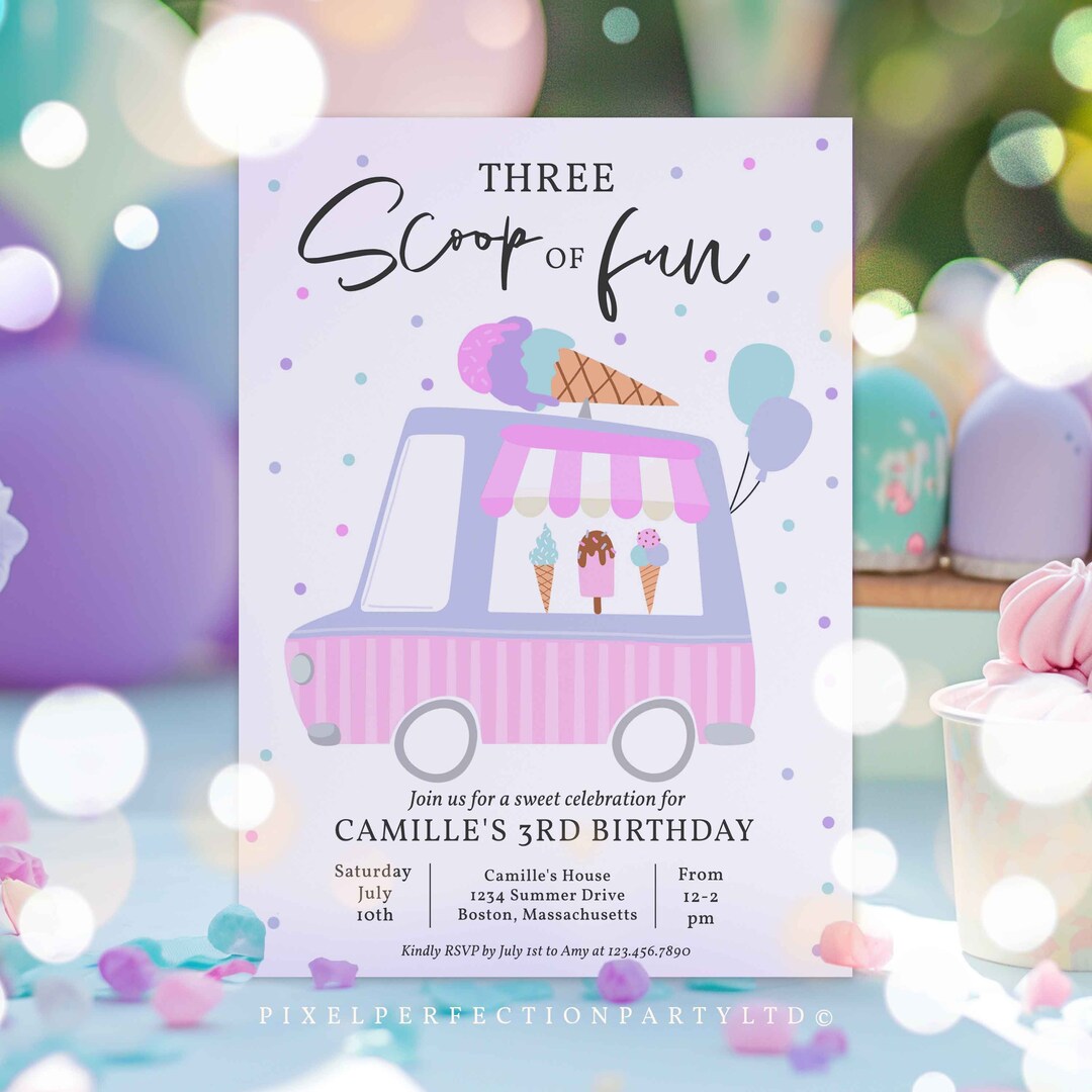 Editable Three Scoops of Fun Ice Cream Birthday Party Invitation Ice ...