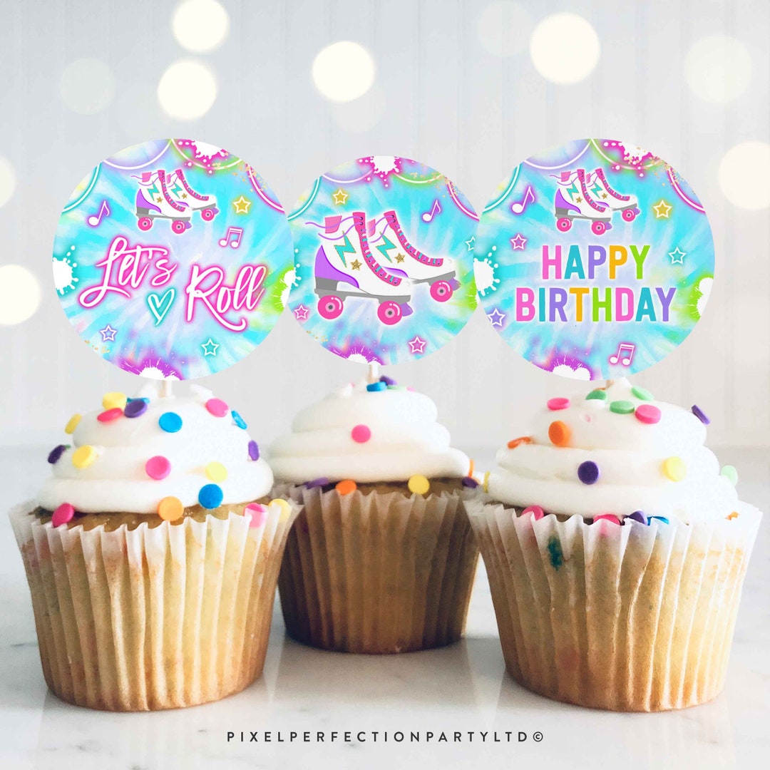Roller Skating Birthday Party Circle and Square Cupcake Toper Stickers ...