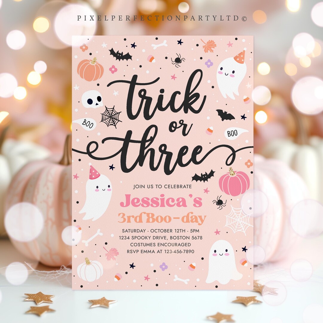 Editable Trick or Three Halloween Ghost 3rd Birthday Party Invitation ...