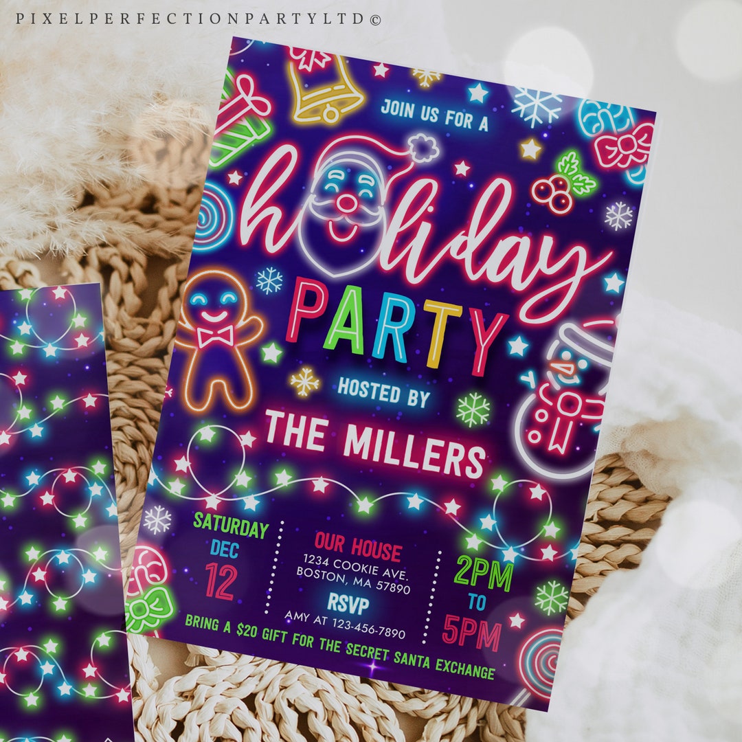Editable Glow Holiday Party Invitation Neon Christmas Party Invitation ...