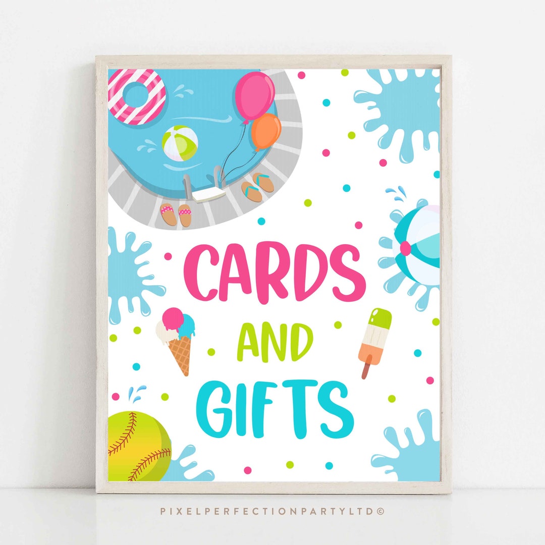 Softball Pool Party Cards and Gifts Table Sign Girl Summer Pool Party ...