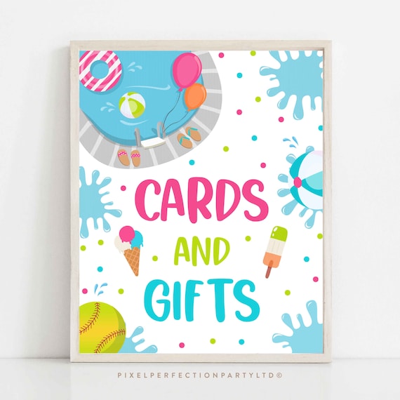 Softball Pool Party Cards And Gifts Table Sign Girl Summer Pool Party ...