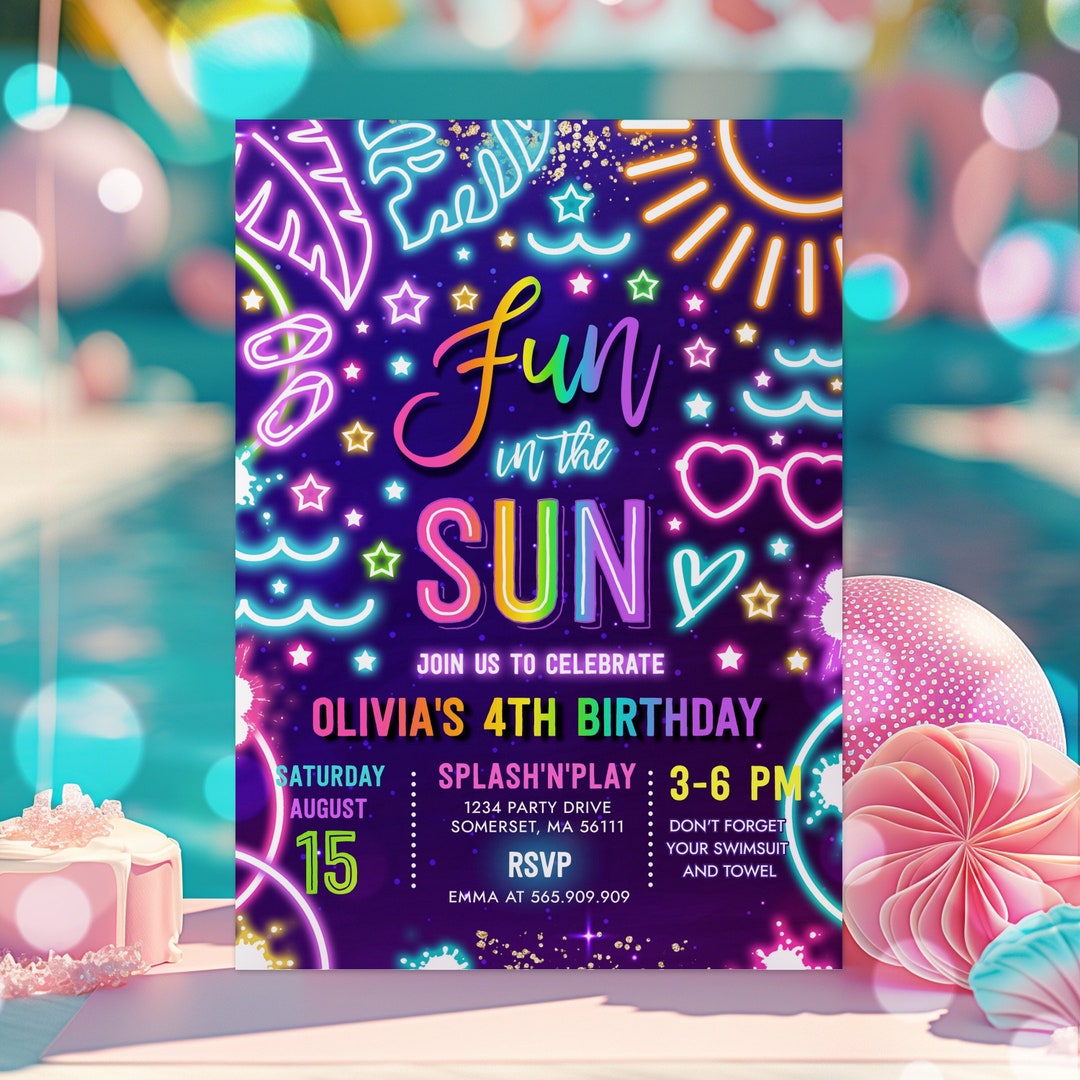 Editable Fun in the Sun Pool Birthday Party Invitation Glow Neon Tie ...