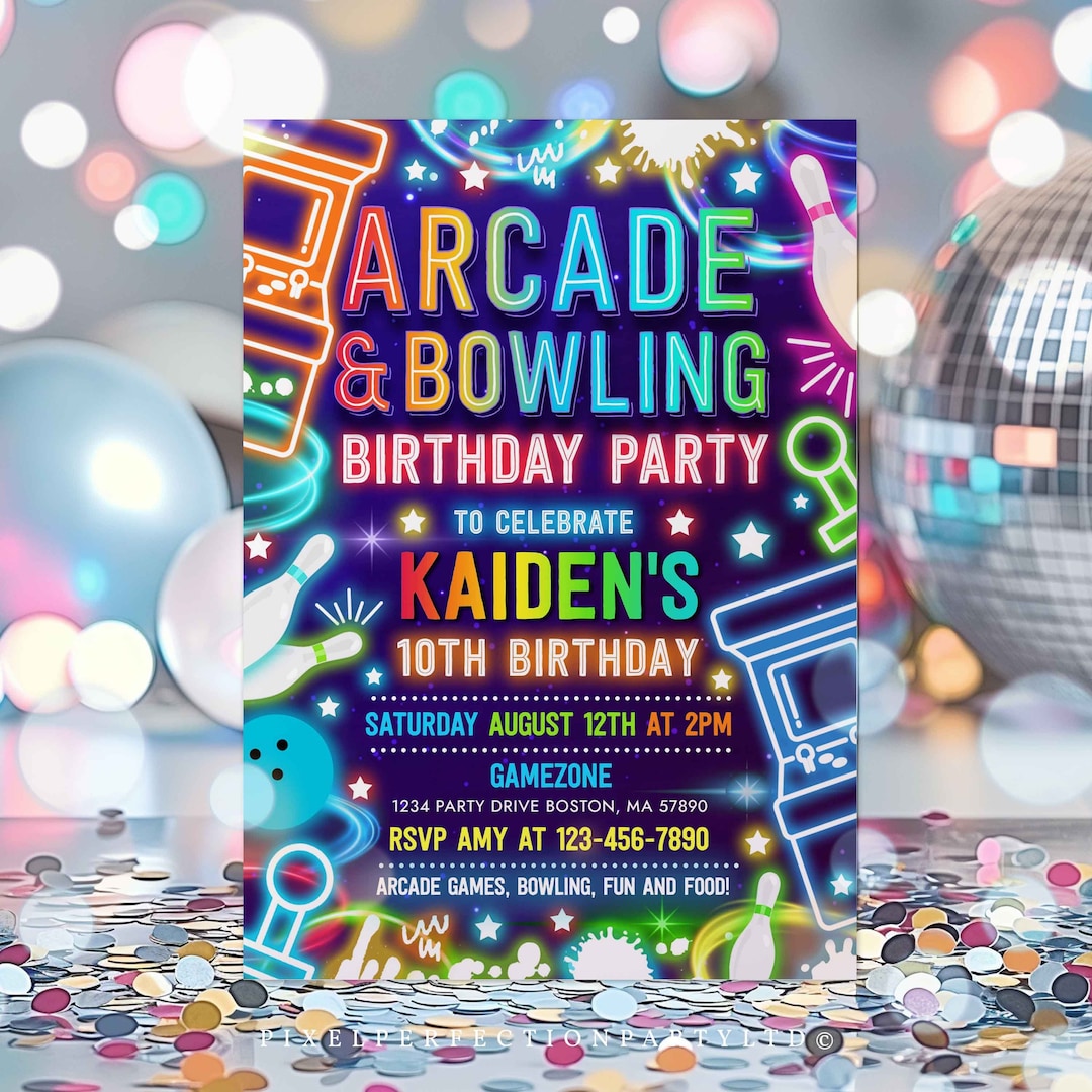 Editable Arcade Bowling Birthday Party Invitation Neon Glow Video ...