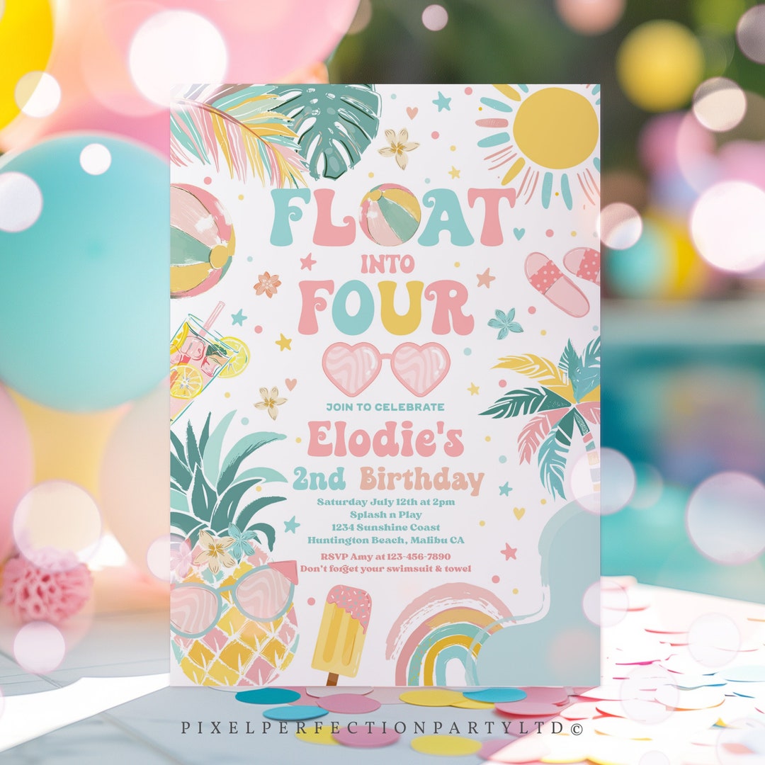 Editable Float Into Four 4th Birthday Pool Party Invitation Tropical ...
