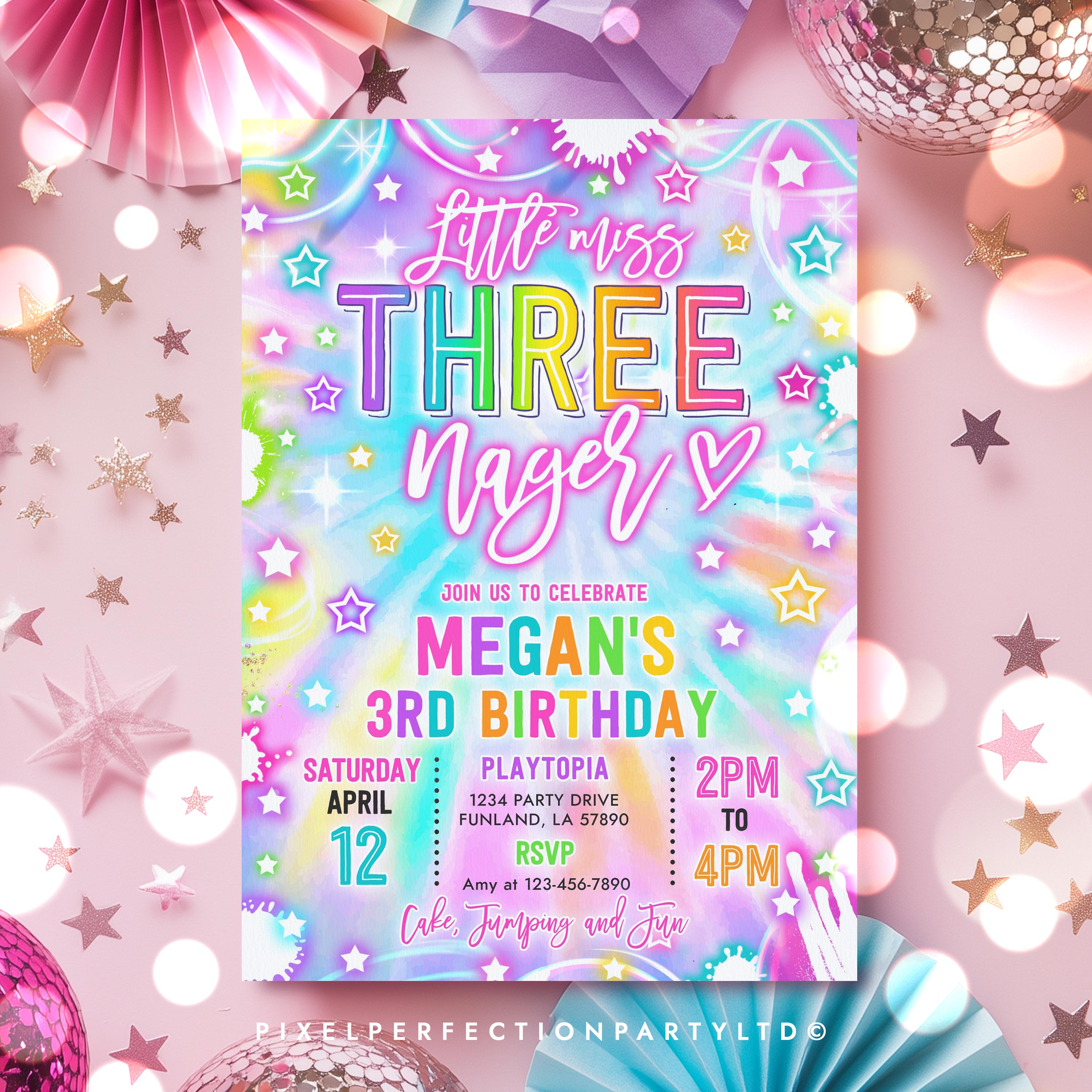 Editable Little Miss Three-nager 3rd Birthday Party Invitation Neon ...
