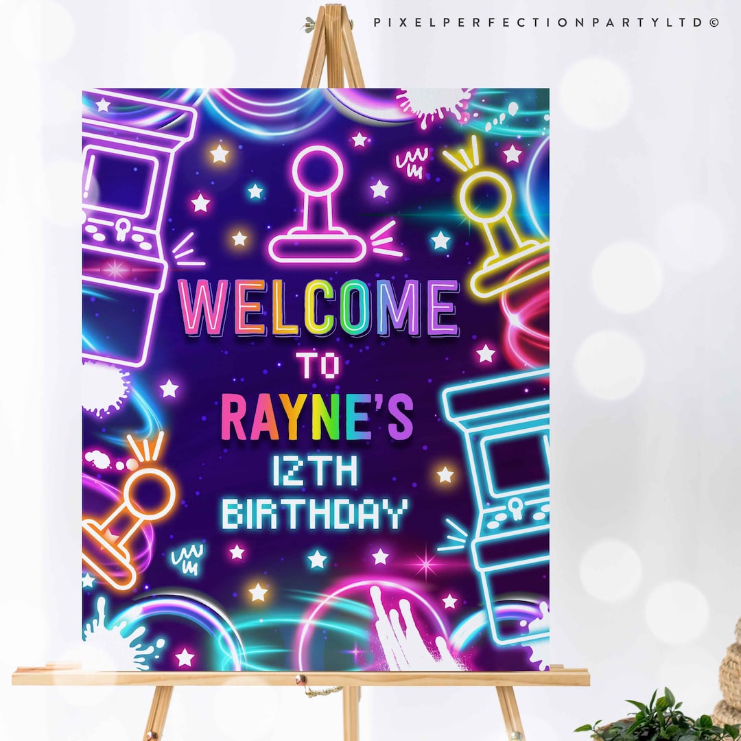 Editable Arcade Birthday Welcome Sign Girl Neon Glow Retro Video Gaming ...
