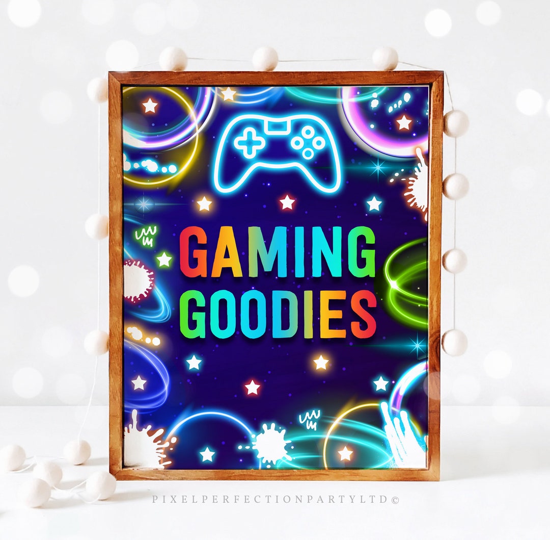 Video Game Gaming Goodies Birthday Party Sign Neon Gamer Birthday Game ...