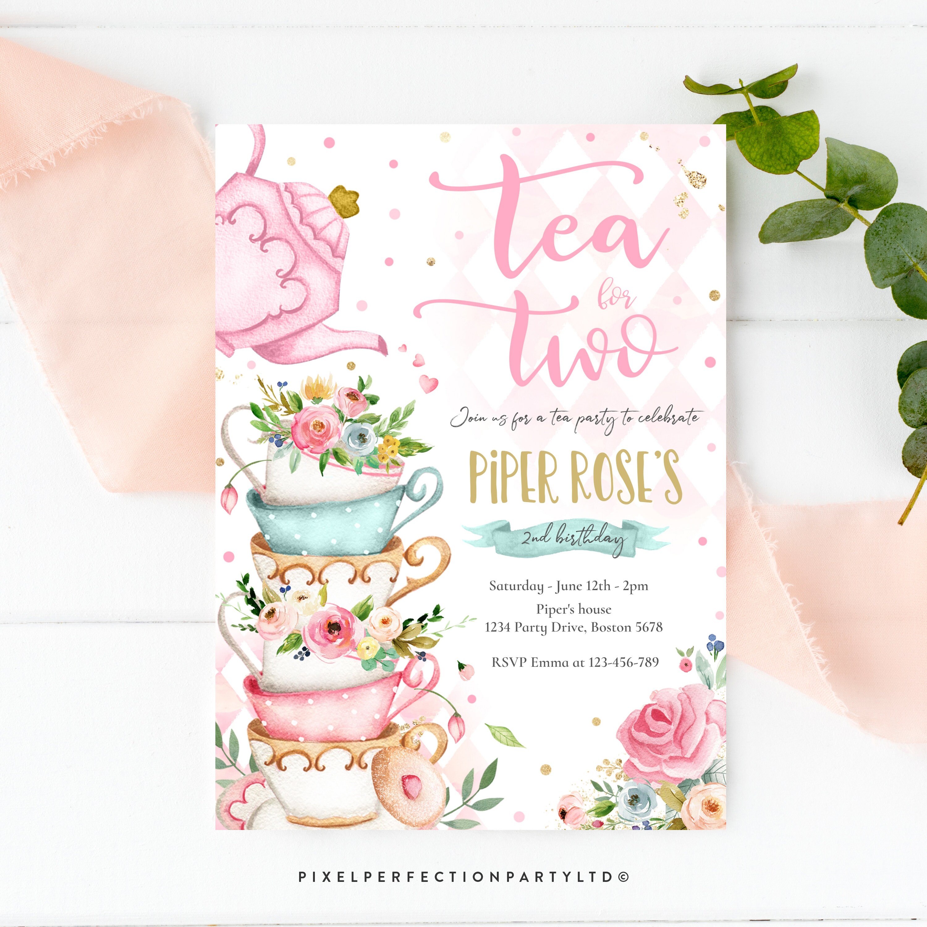 Editable Tea for Two Birthday Invitation Tea for Two 2nd | Etsy