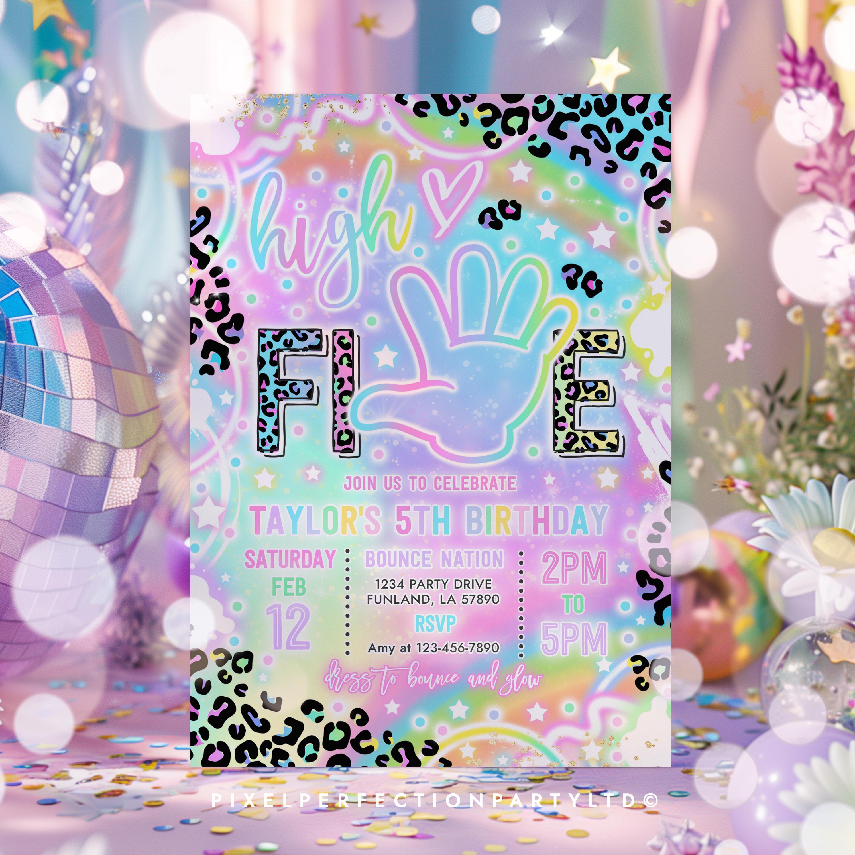 Editable High Five Birthday Party Invitation Rainbow Leopard Neon Glow ...