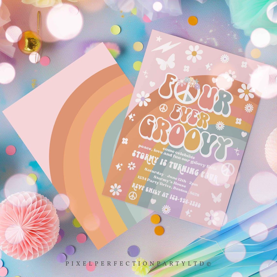 Editable Four Ever Groovy Birthday Party Invitation Peace Love Party ...