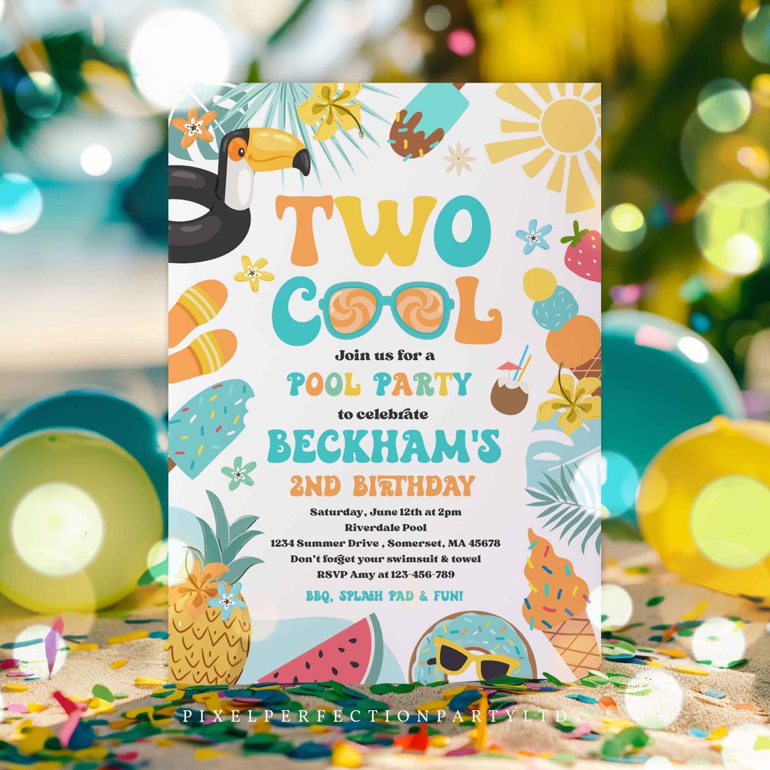 Editable Two Cool Birthday Party Invitation Tropical Splish Splash ...