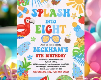 Editable Splash Into Eight 8th Birthday Pool Party Invitation Summer ...