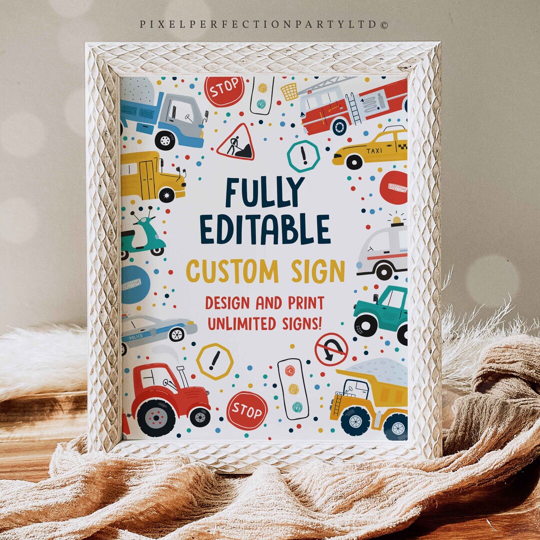 Editable Transportation Birthday Fully Editable Custom Sign Trucks Cars ...