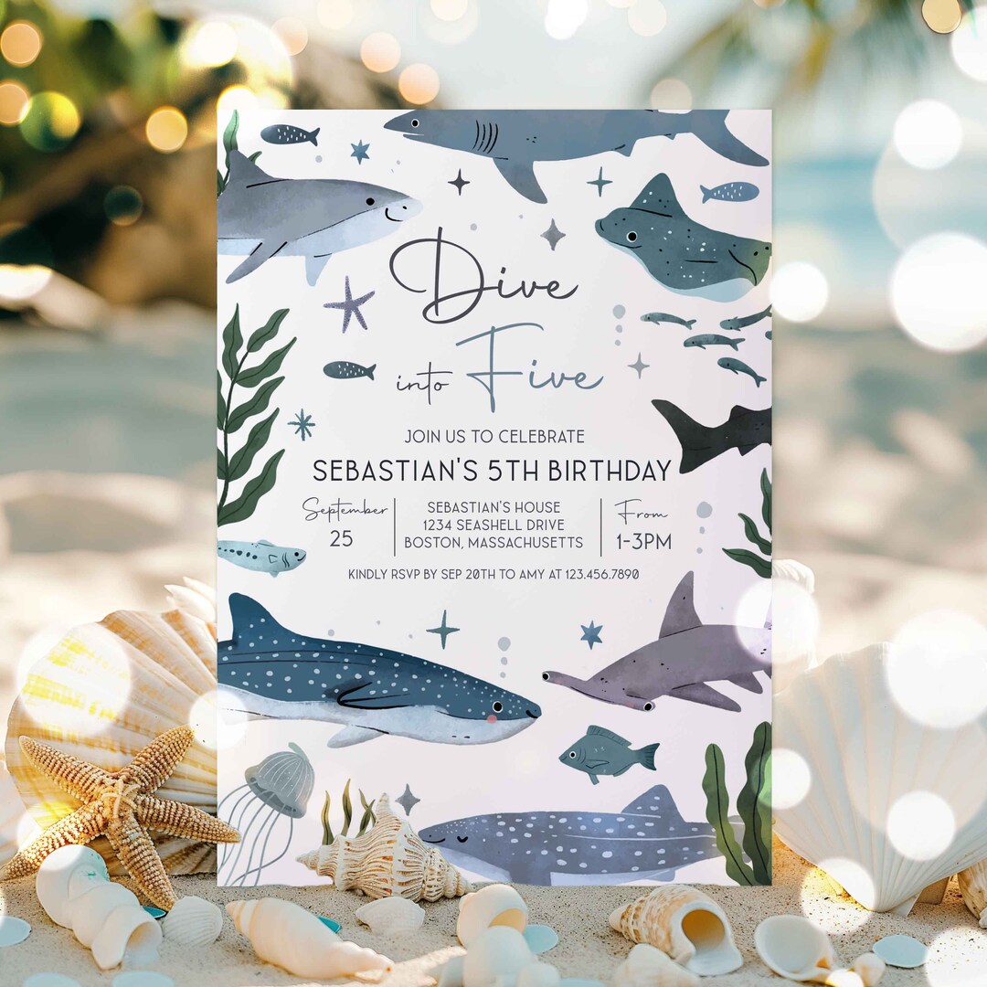 Editable Shark Dive Into Five 5th Birthday Party Invitation Shark Under ...