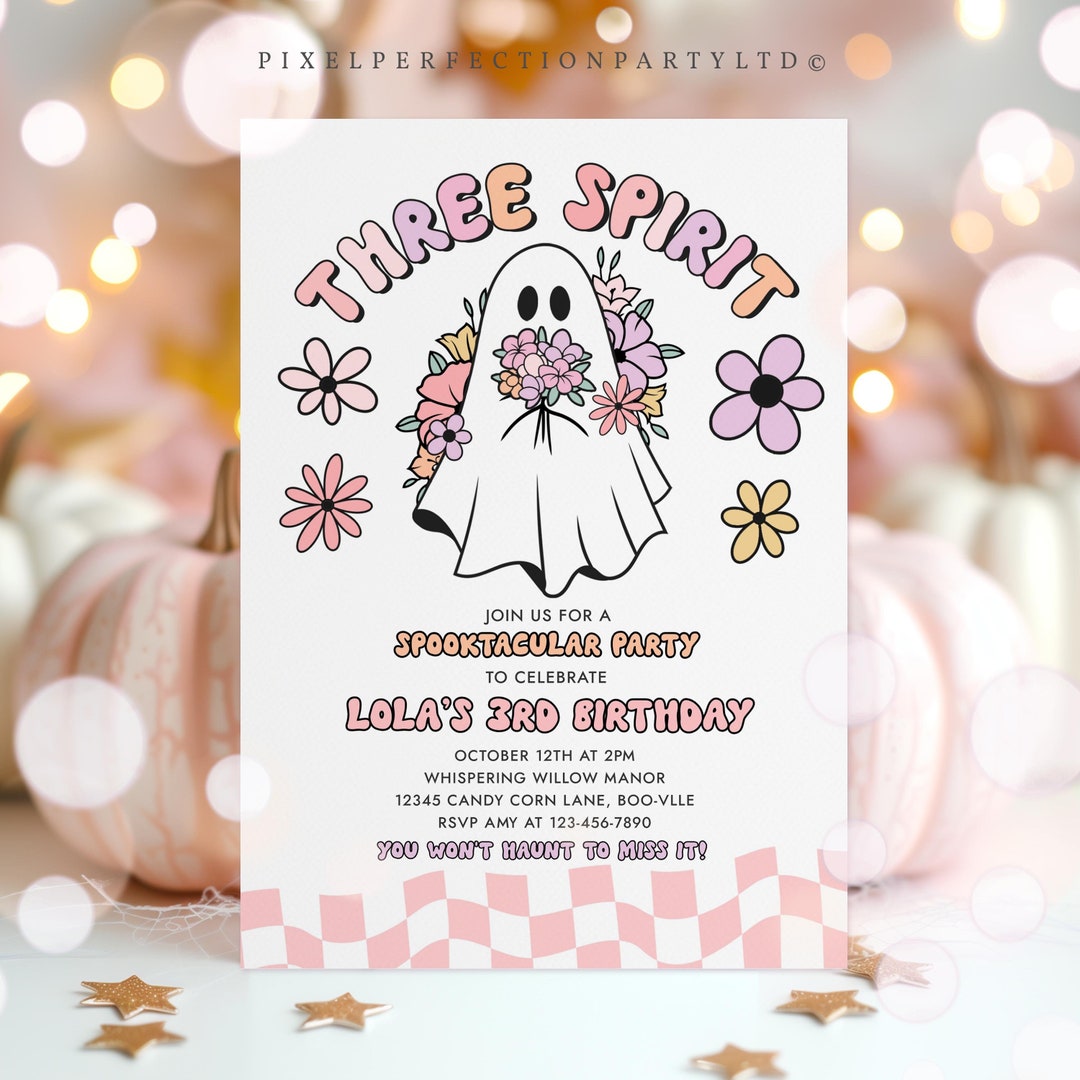 Editable Three Spirit Halloween Ghost 3rd Birthday Invitation Retro ...