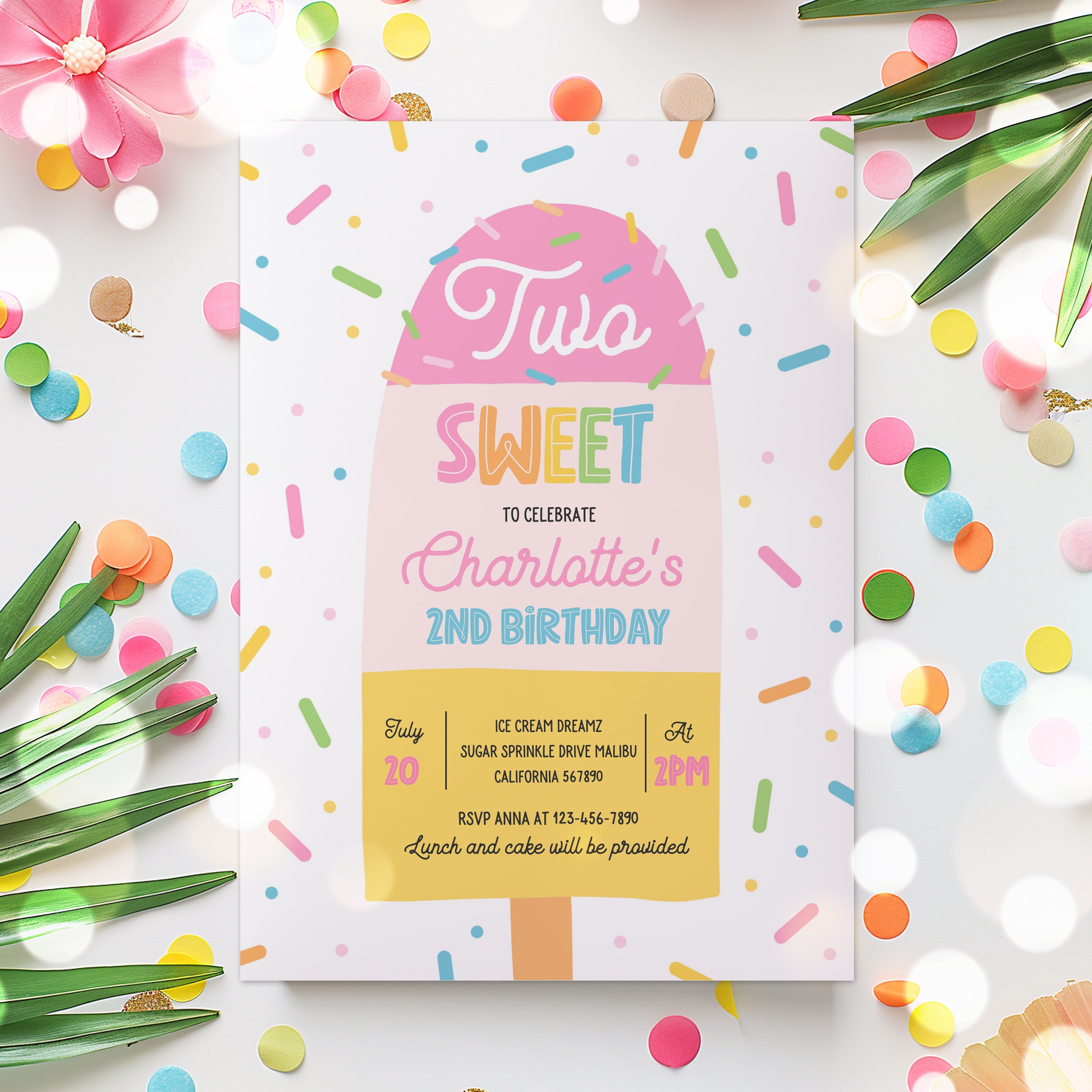 Editable Frozen Ice Pop Birthday Party Invitation Two Sweet Summer ...