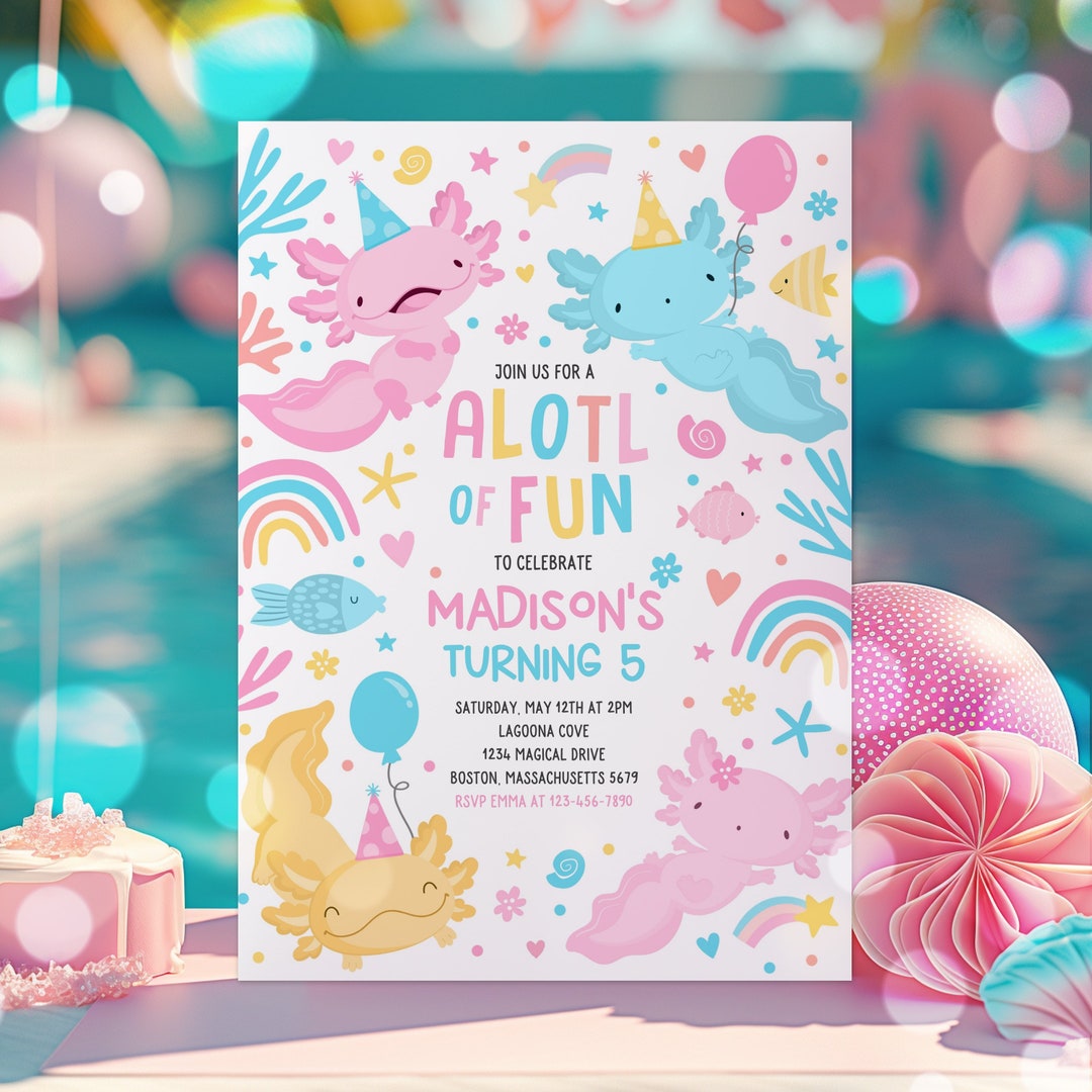Editable Axolotl Birthday Party Invitation Cute Axolotl Lake Fish ...
