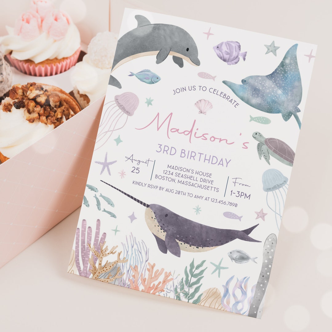 Editable Under the Sea 1st Birthday Party Invitation Girl Whale Turtle ...