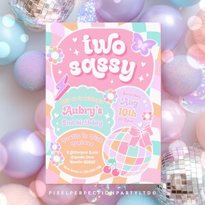 Editable Two Sassy 2nd Birthday Party Invitation Pastel Groovy 2nd ...