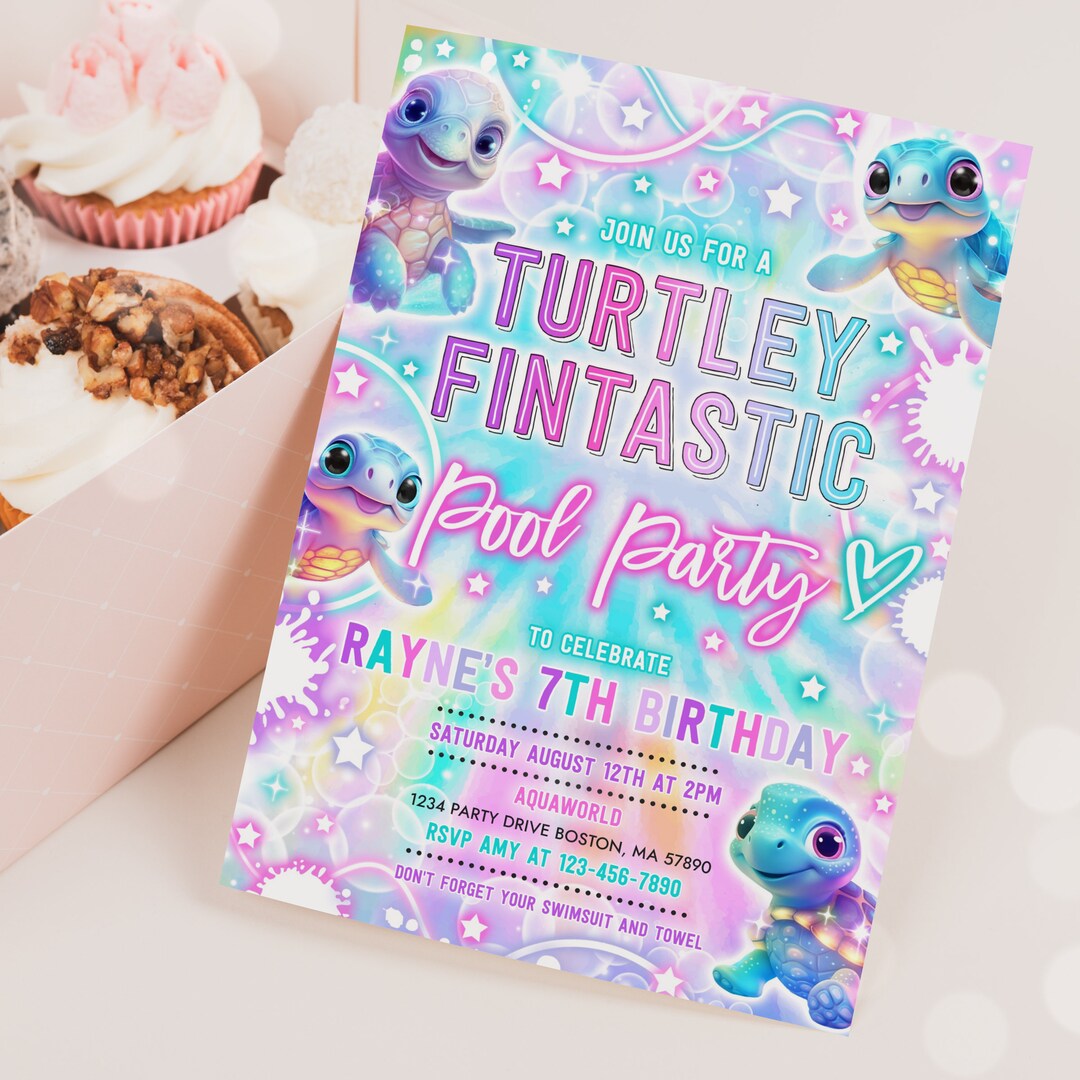 Editable Sea Turtle Pool Party Invitation Tie Dye Neon Glow Turtley Fintastic Under the Sea ...