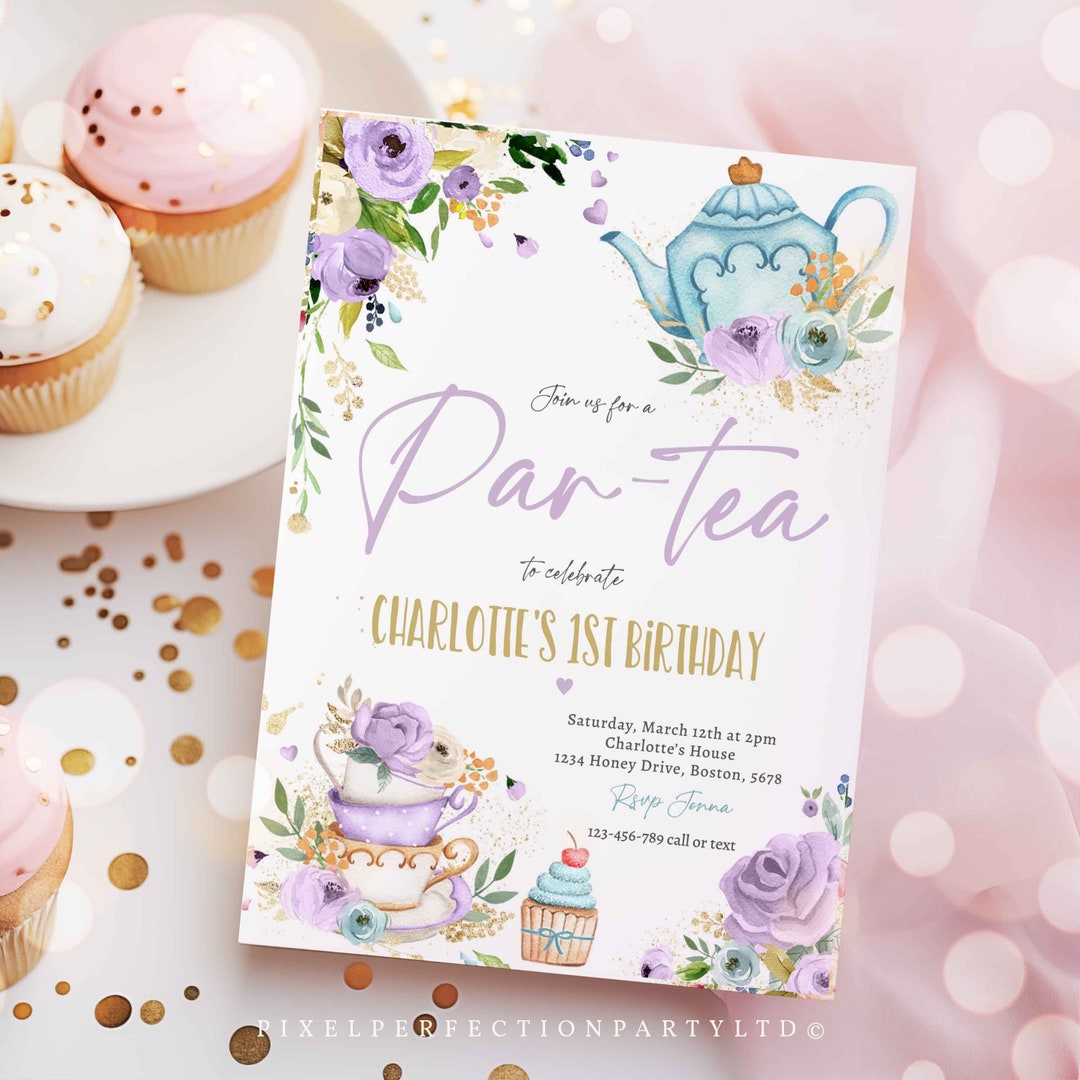 Editable Tea Party Birthday Invitation Purple & Gold Floral Par-tea ...