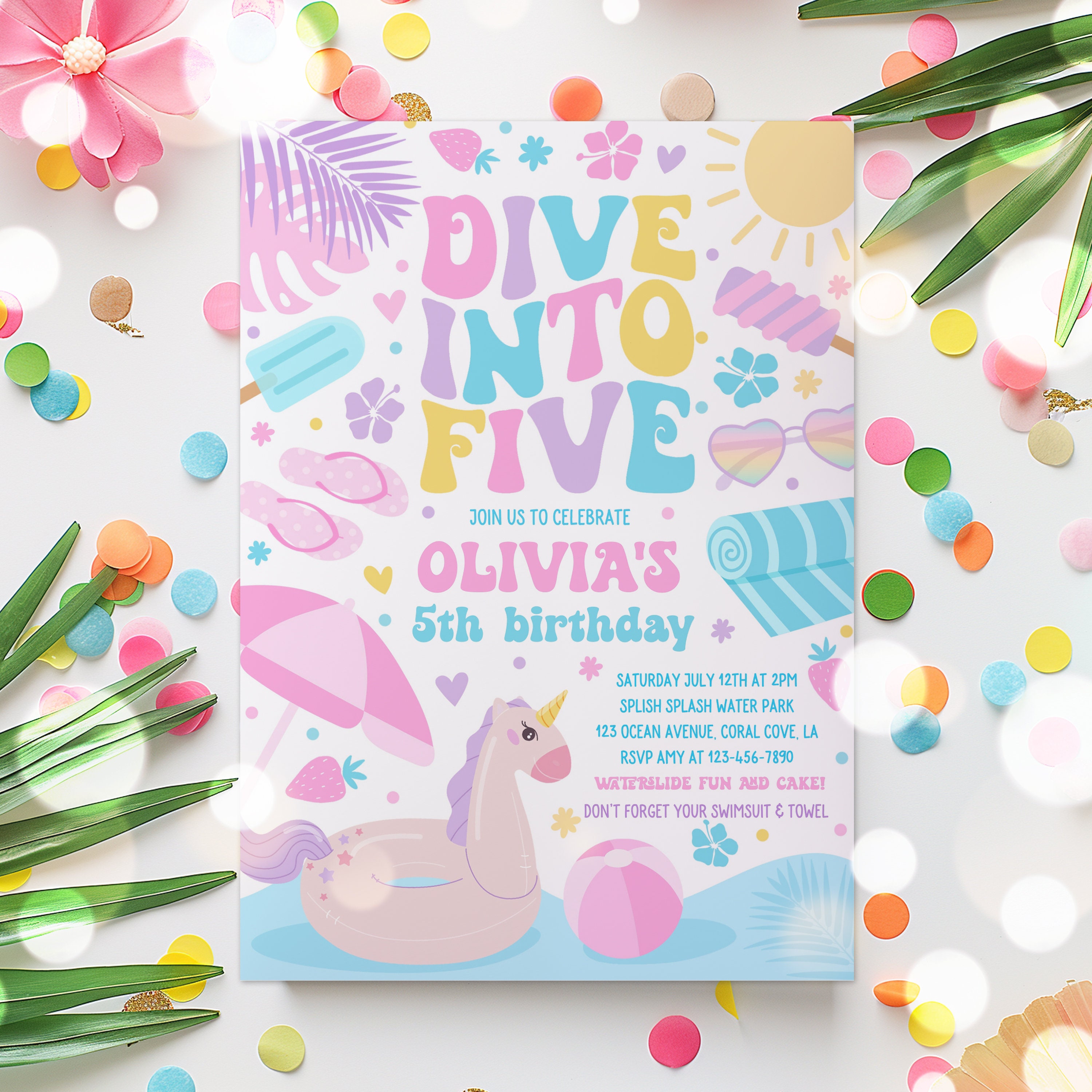 Editable Dive Into Five 5th Birthday Party Invitation Tropical Summer ...