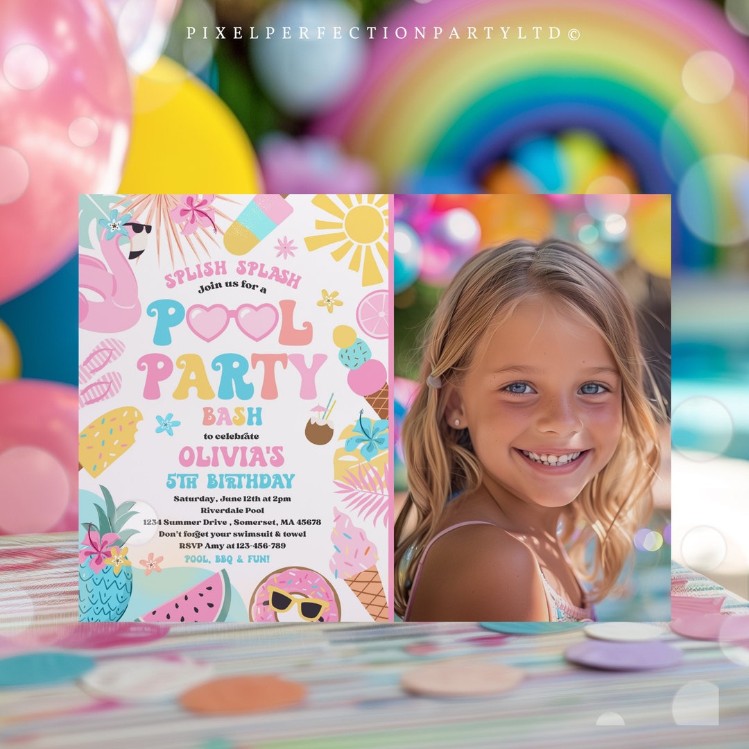 Editable Pool Party Invitation Tropical Splish Splash Girly Pool Party ...