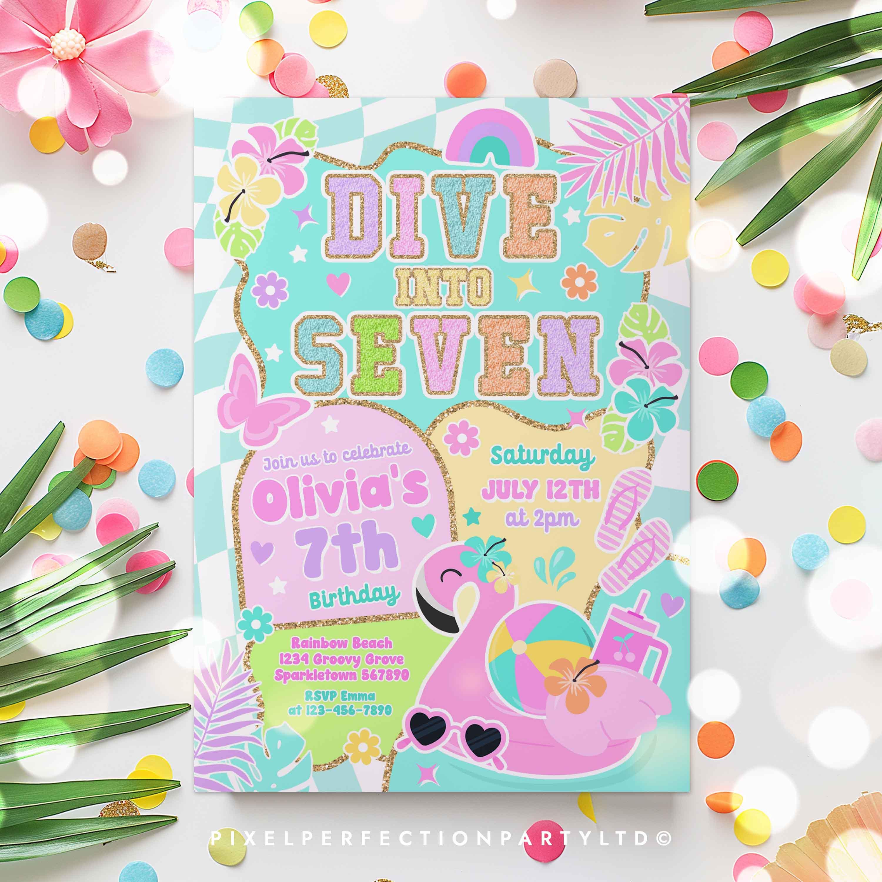 Editable Preppy 7th Birthday Pool Party Invitation Varsity Girl Fashion ...