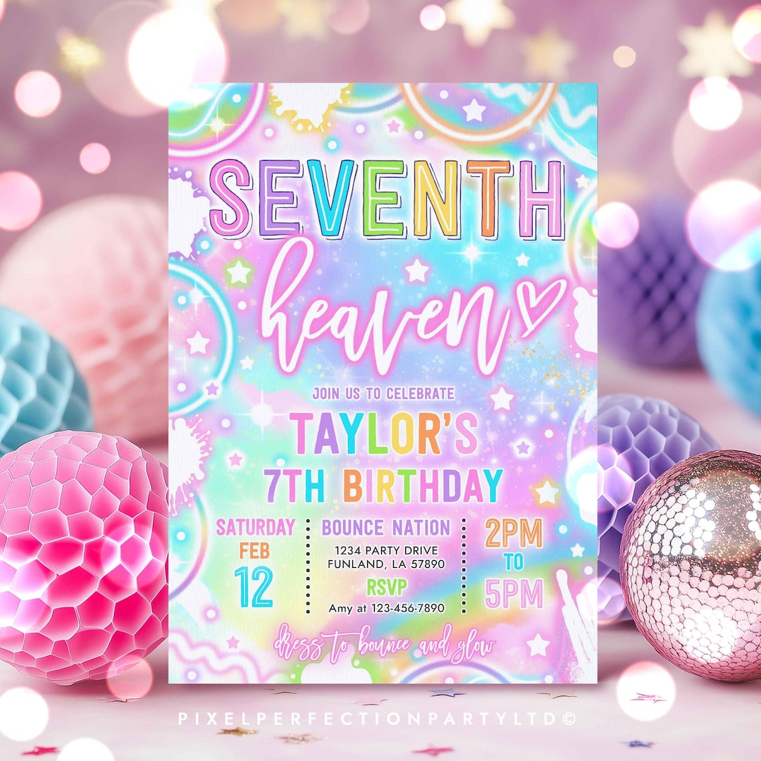 Editable 7th Heaven Pastel Neon Birthday Party Invitation Pastel Neon ...