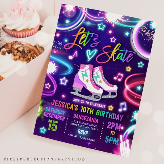 Editable Ice Skating Invitation Neon Glow Ice Skating Party Neon Glow ...
