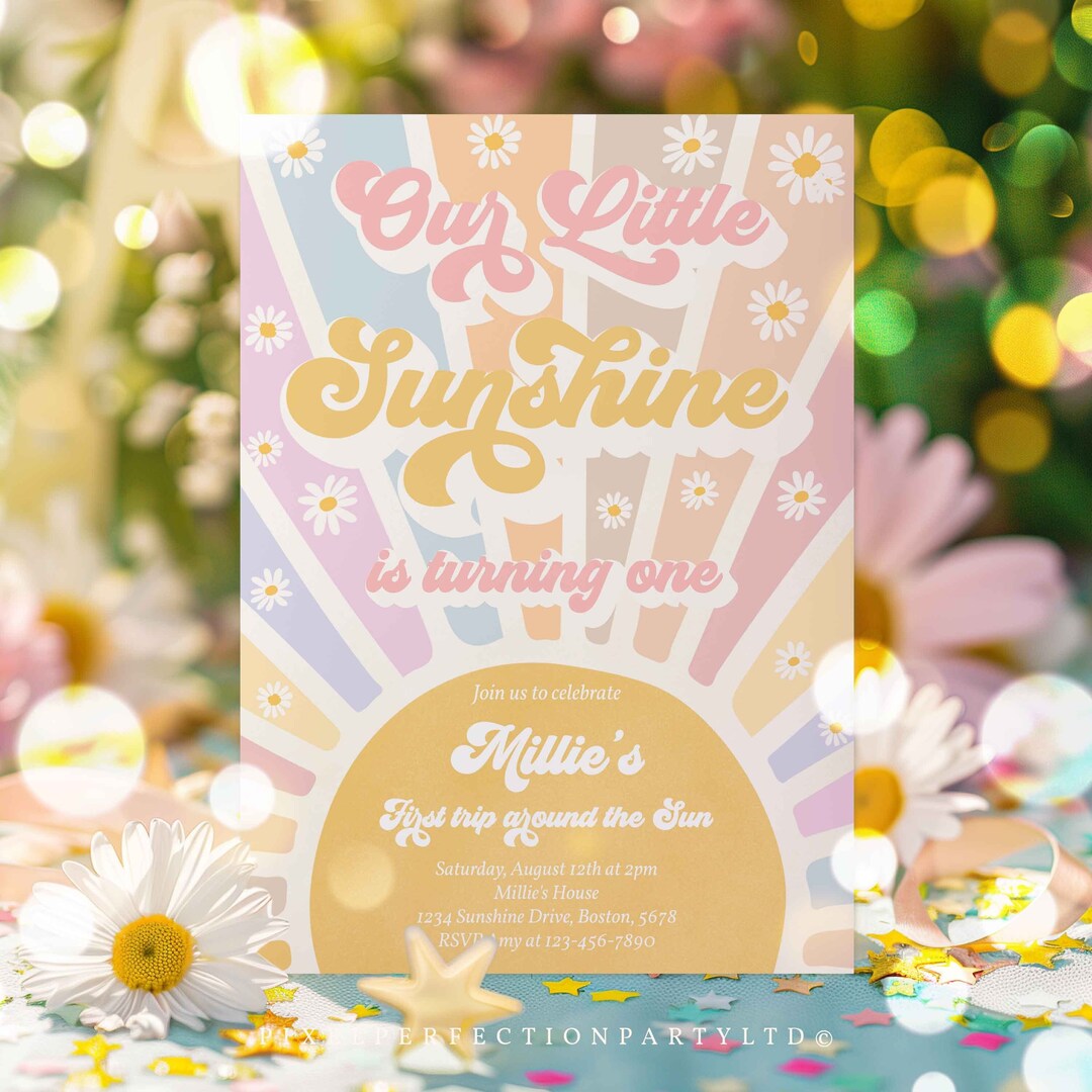 Editable Our Little Sunshine 1st Birthday Retro Daisy Rainbow Sunshine ...
