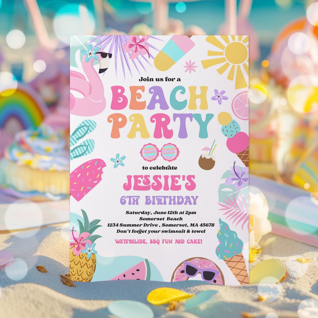 Editable Beach Birthday Party Invitation Tropical Splish Splash Girly ...