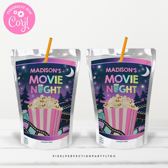 EDITABLE Movie Night Capri Sun Labels Backyard Movie Night Juice Pouch ...