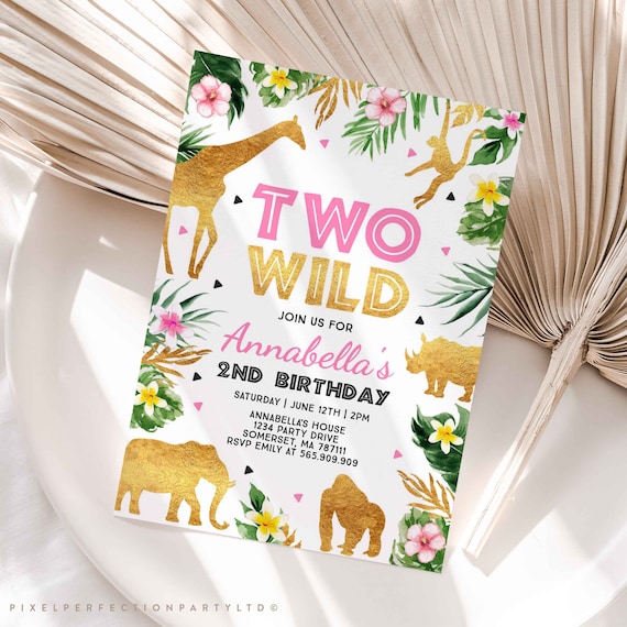Two Wild Birthday Invitation Pink & Gold Jungle Animals Invitation Two ...