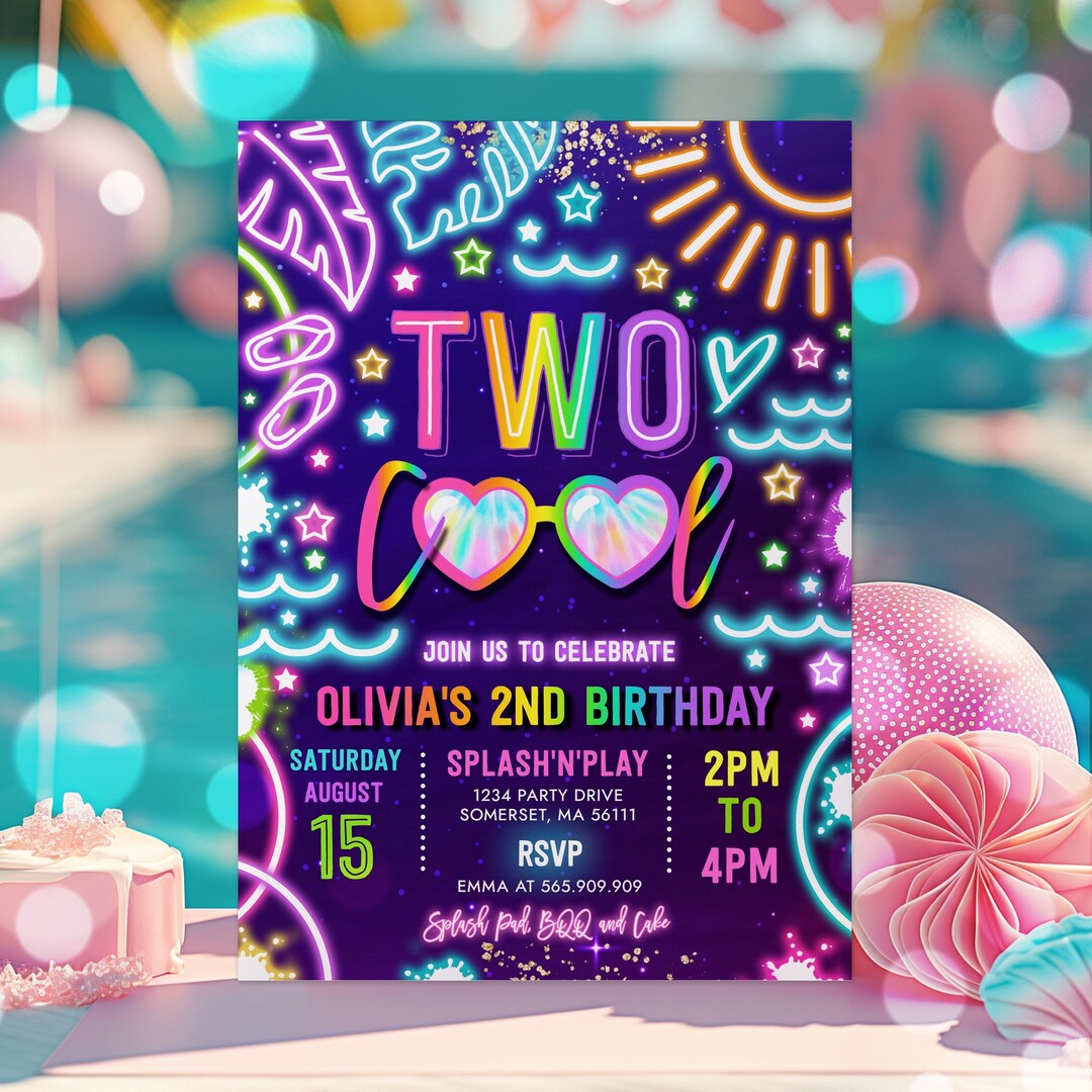 Editable Two Cool Pool 2nd Birthday Party Invitation Glow Neon Tie Dye ...