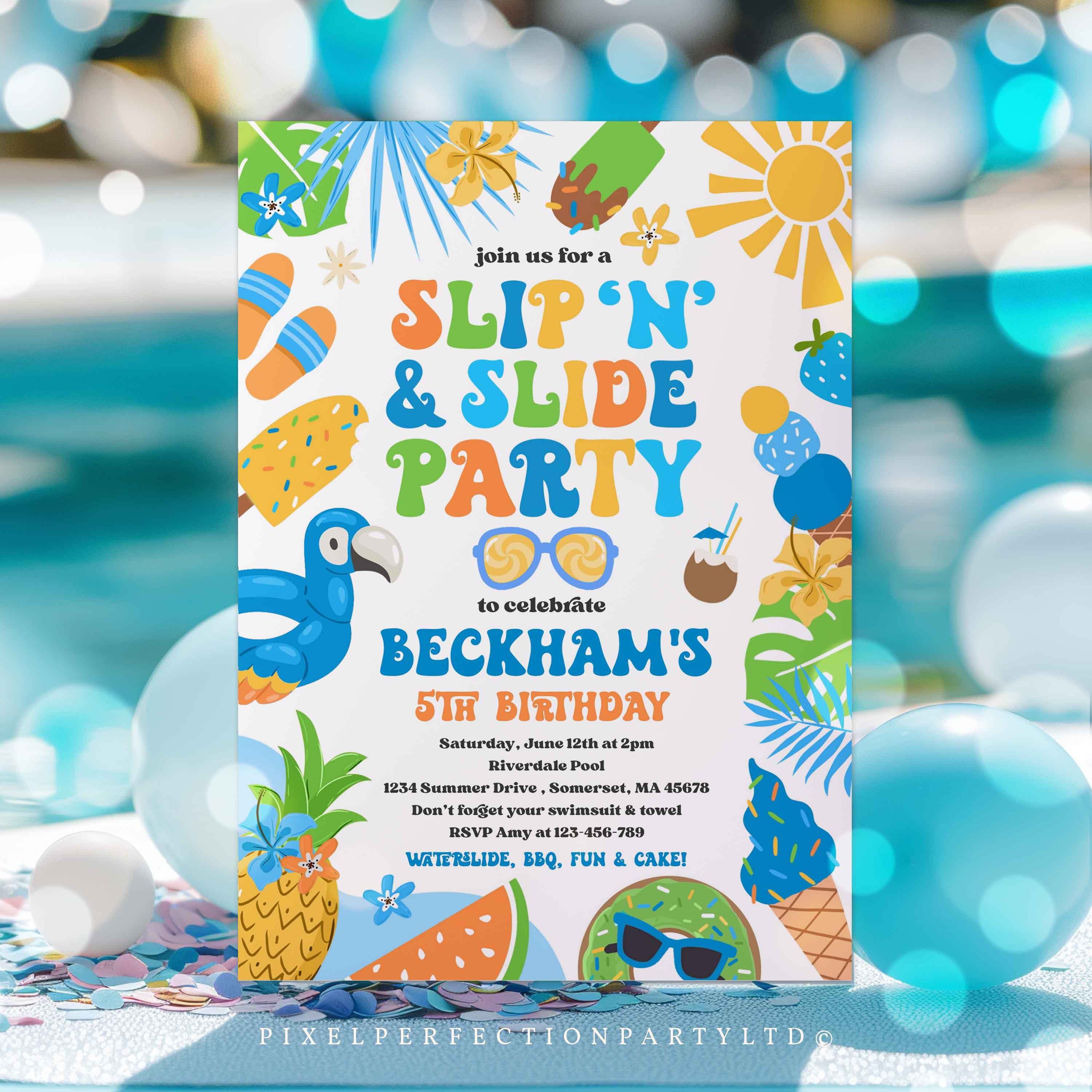 Editable Slip ’N’ Slide Birthday Party Invitation Tropical Splish ...